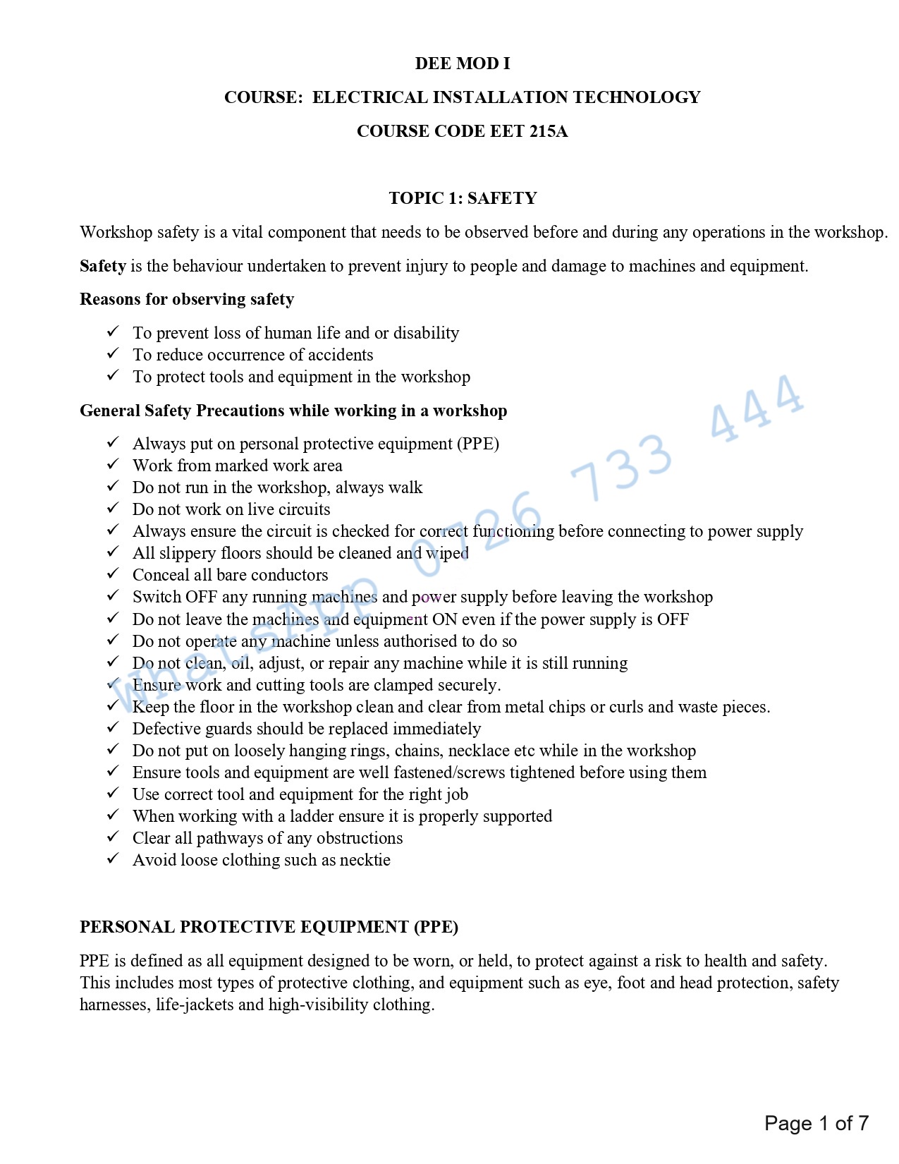 Topic 1: Safety - KNEC notes and Revision materials